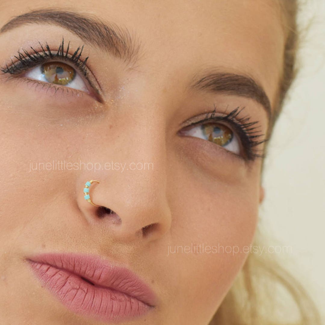 Turquoise Nose Ring, Nose Hoop, Thin Nose Ring, Gold Nose Ring, Silver ...