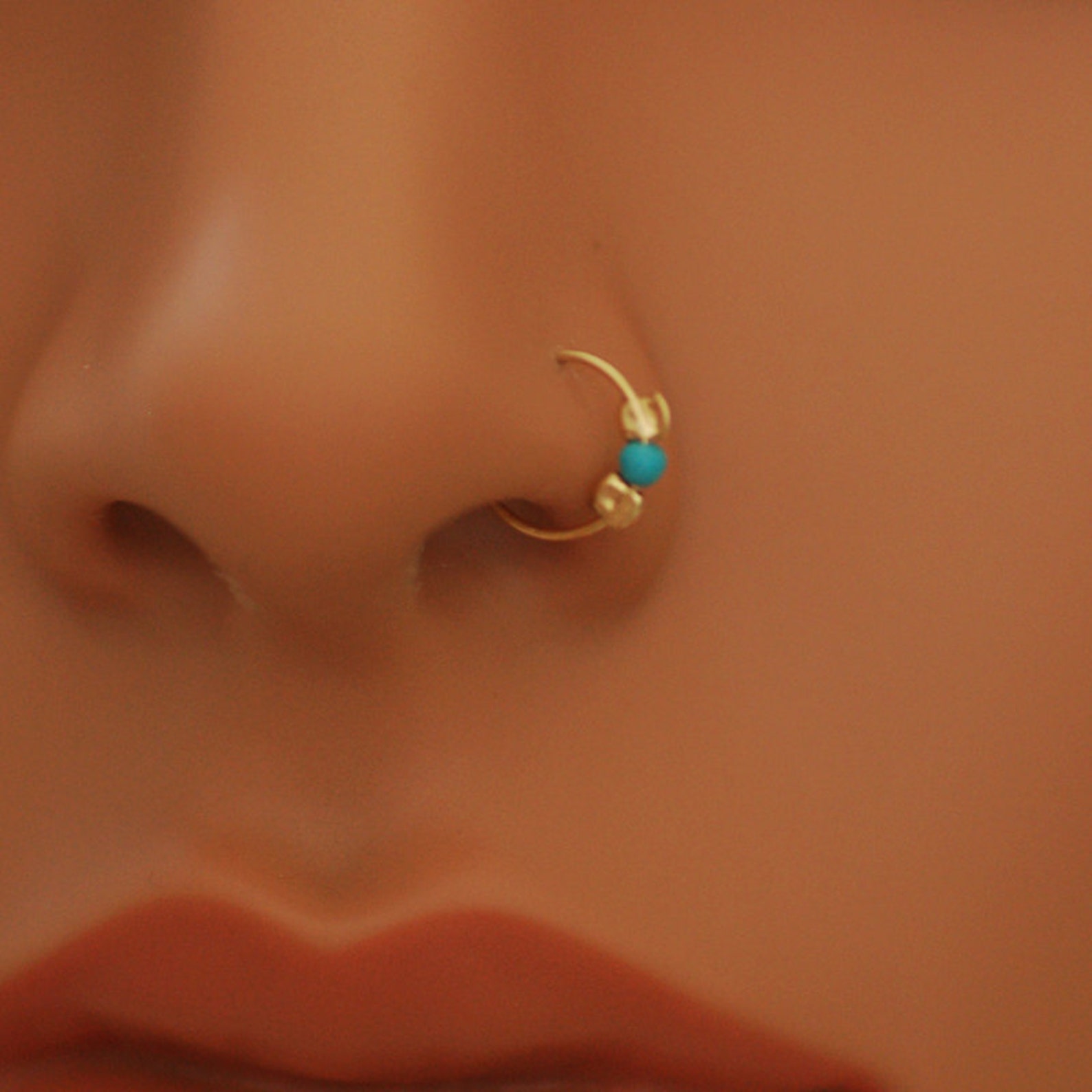 Tiny Fake Nose Ring, Non Pierced Nose Hoop, Turquoise and Gold Non ...
