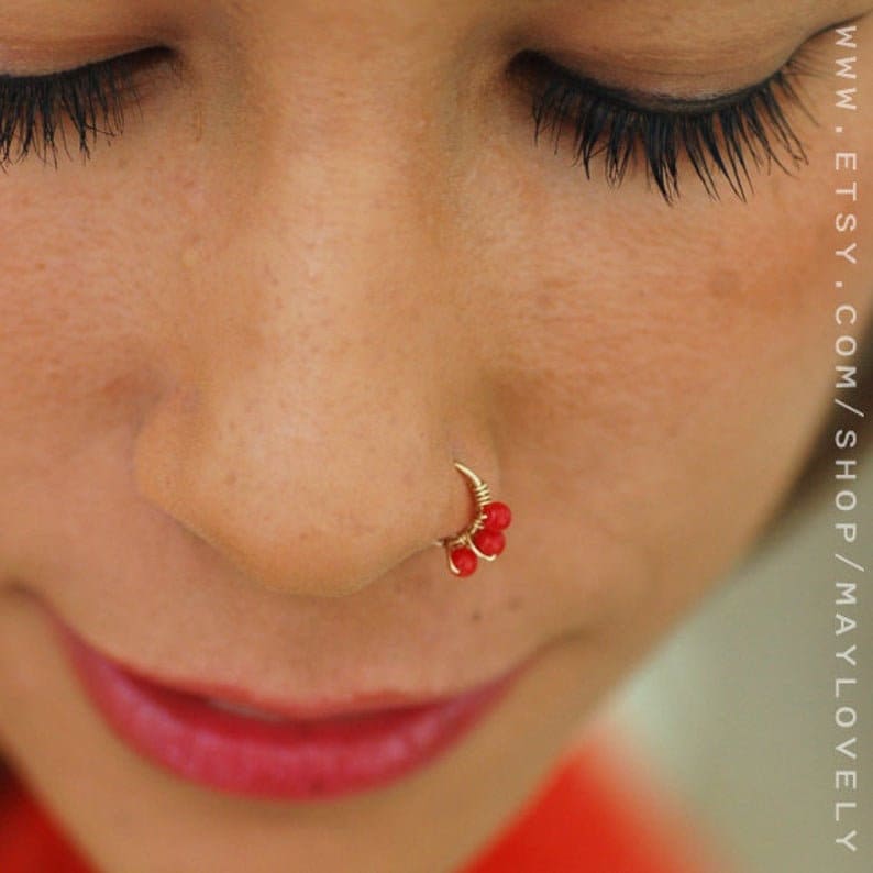 Gold Red Nose Ring Wire Wrapped Hoop Cartilage Hoop Coral Gold Helix ...