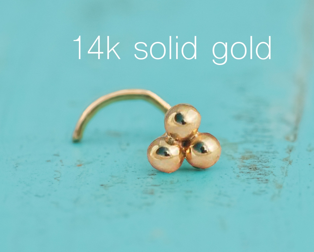 Nose Stud, 14k SOLID GOLD Nose Ring, Ball Nose, Trinity Tribal 3 Triple ...