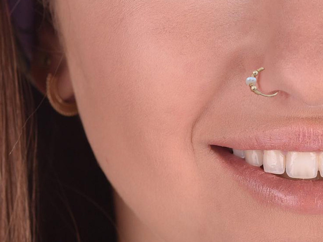 Nose Ring, Wire Wrapped Nose Hoop, Tiny Pearl Rose Nose Earring, Silver ...