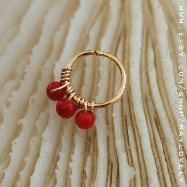 Gold Red Nose Ring Wire Wrapped Hoop Cartilage Hoop Coral Gold | Etsy