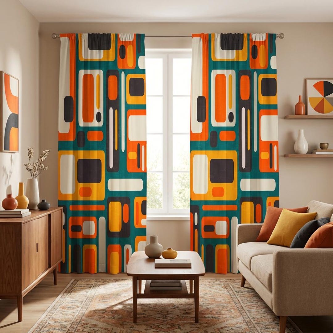 Mid Century Modern Window Curtains Retro Abstract - Etsy