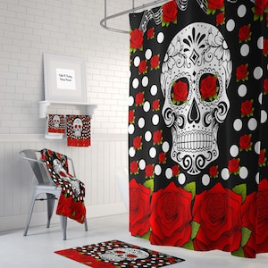Sugar Skull Shower Curtain , Day of the Dead , Red Roses , Bath Mat ...