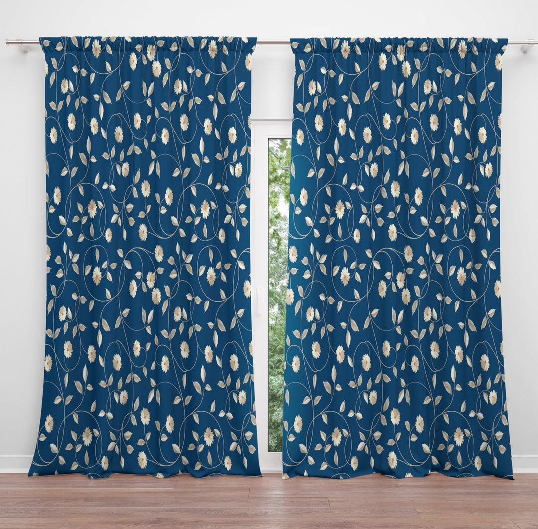 Blue Vining Floral Window Curtains - Etsy