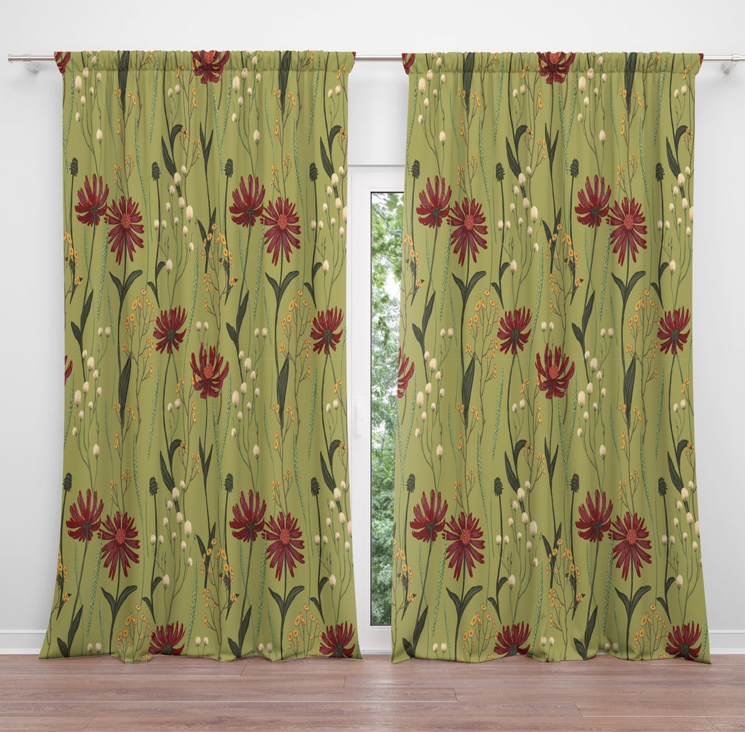 Retro Green Poppy Floral Window Curtains - Etsy