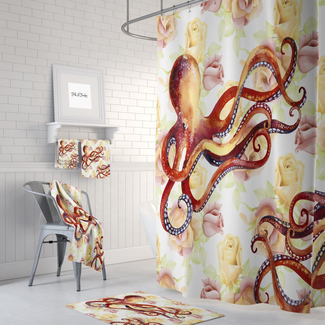 Octopus Shower Curtain, Optional Bath Mat and Towels, Floral Bathroom ...