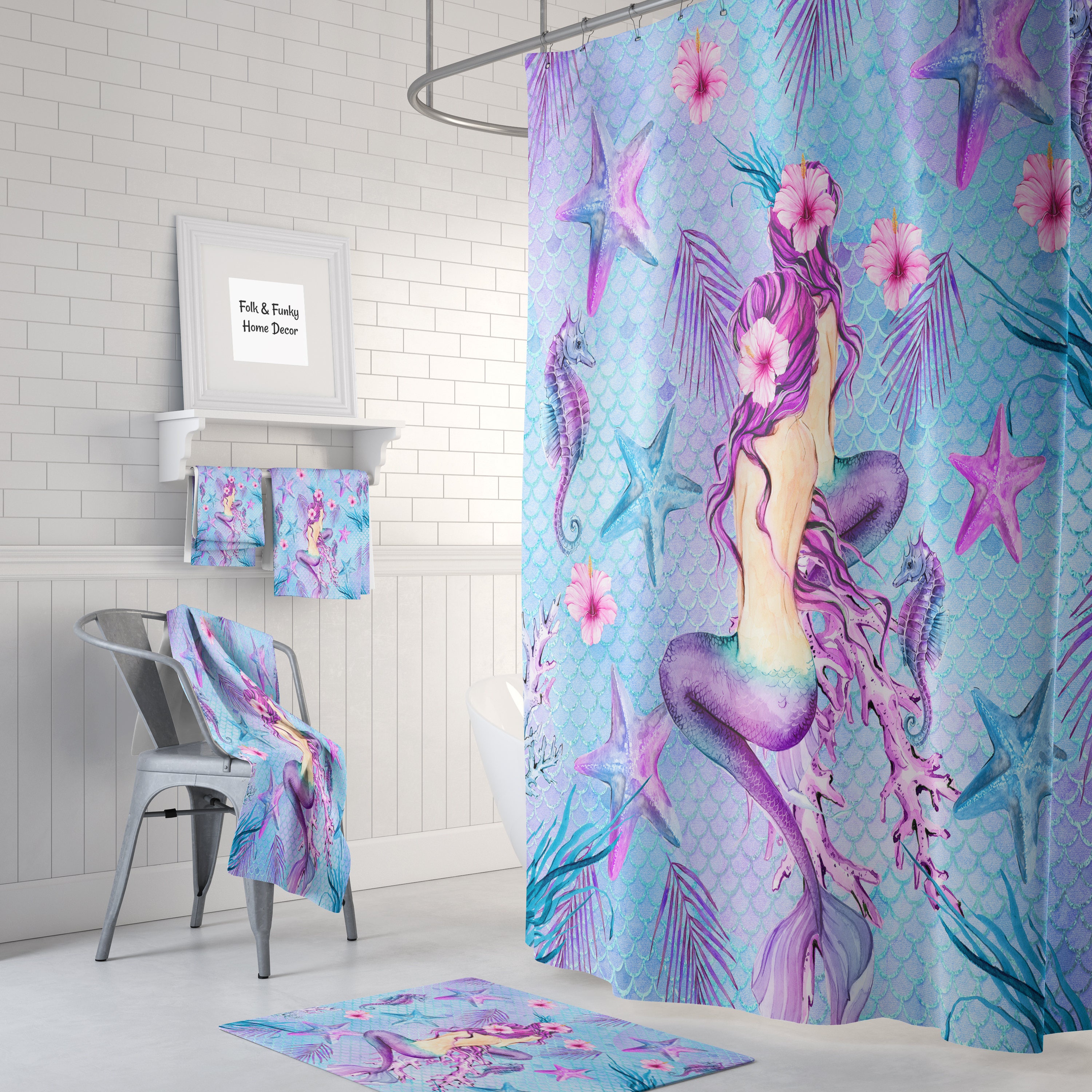 Mermaid Shower Curtain Purple Shower Curtain Mermaid Etsy