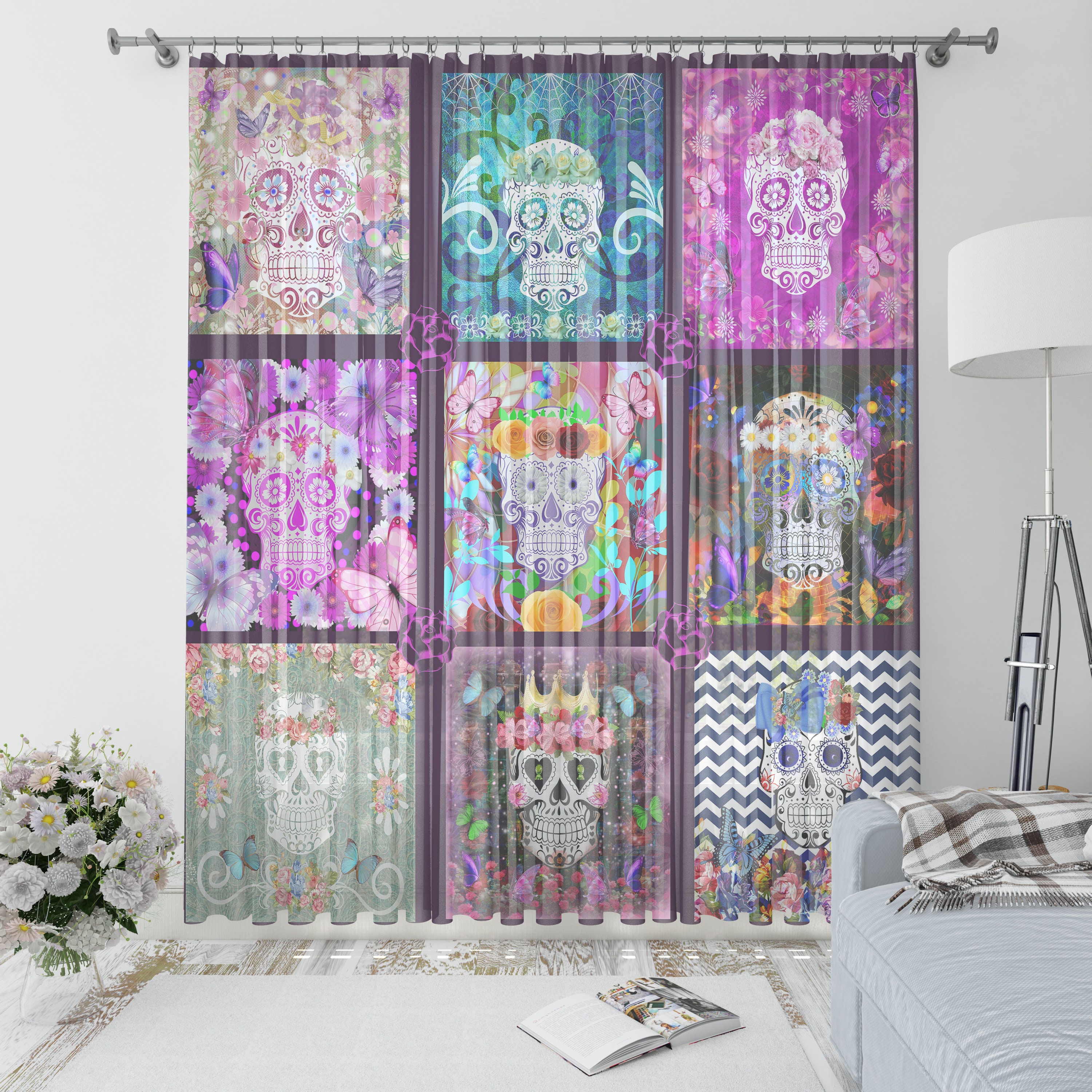 Sugar Skull Window Curtains Skull Curtain Panels Patchwork | Etsy