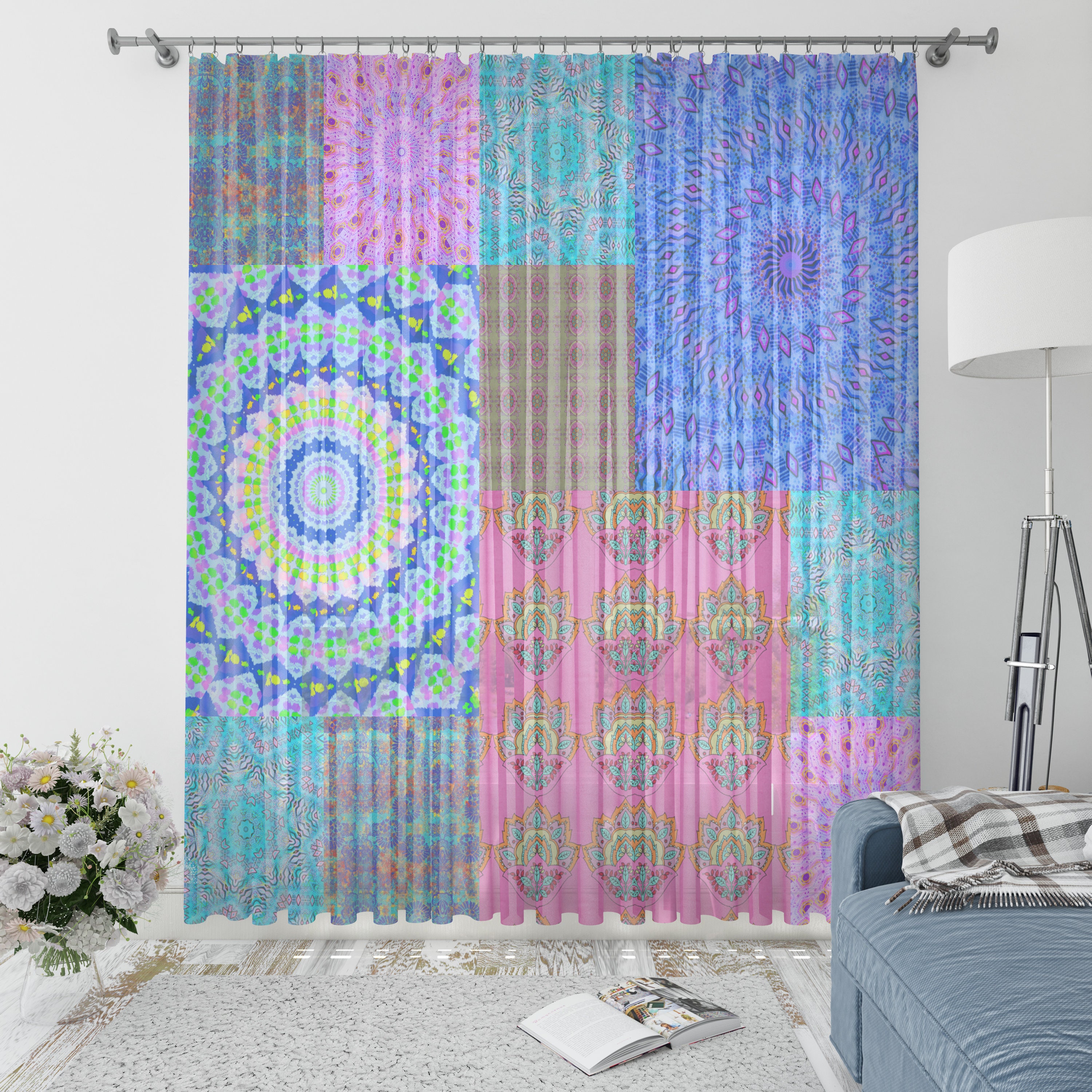 Boho Window Curtains Mandala Medley faux Patchwork Curtain | Etsy