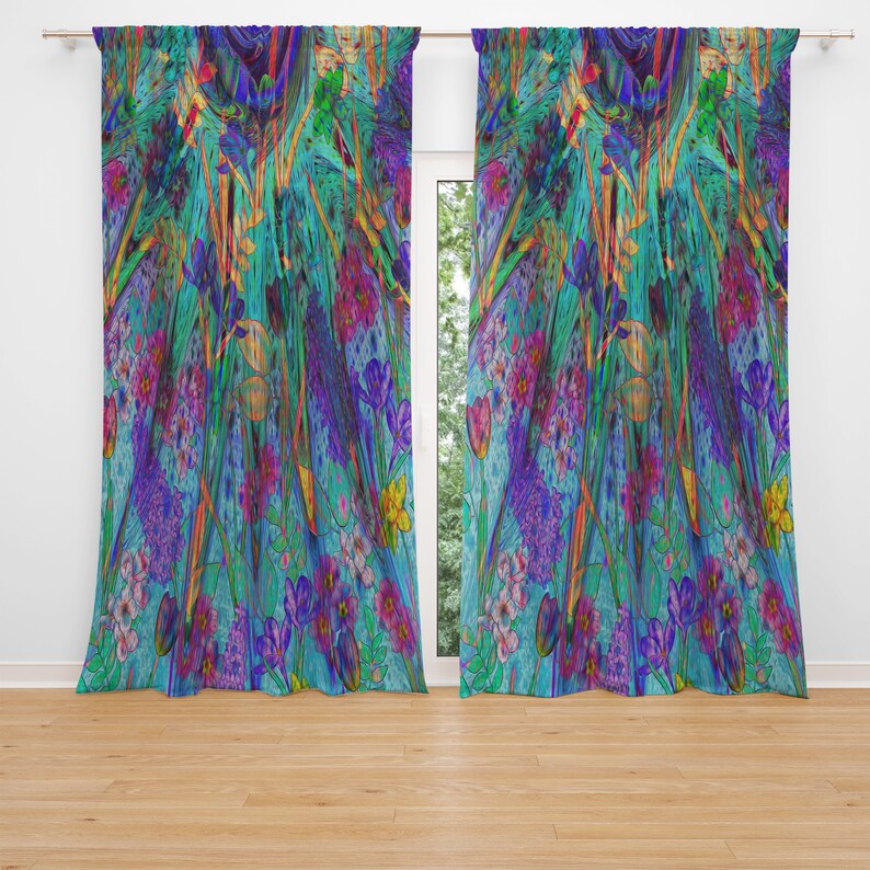 Boho Abstract Floral Window Curtains Sweet Iris Retro Botanical Drapes ...