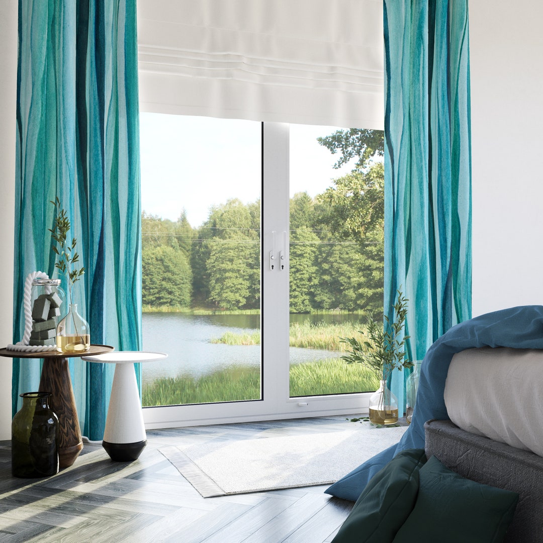 Window Curtains Boho Turquoise Watercolor - Etsy