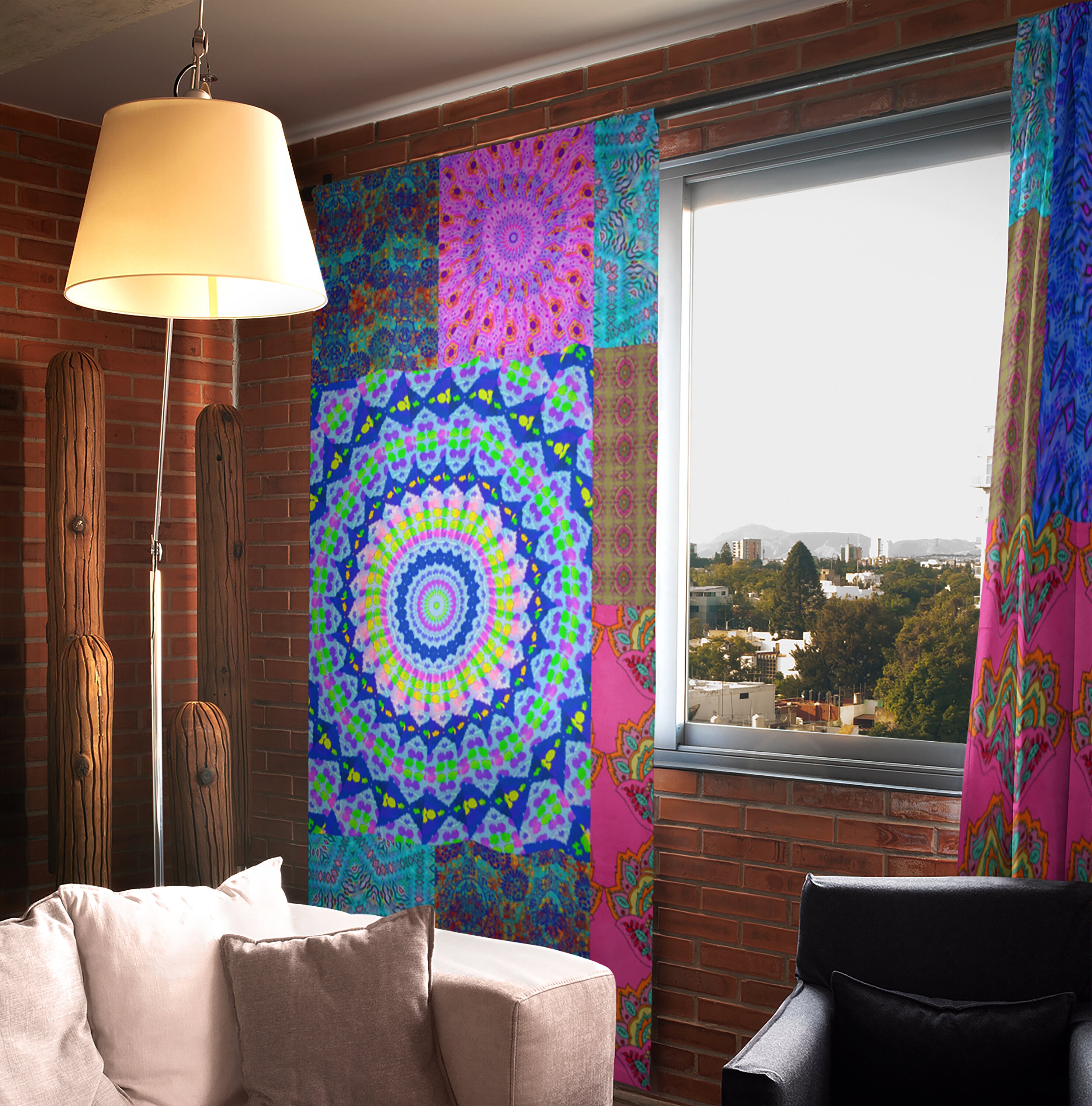 Boho Window Curtains Mandala Medley faux Patchwork Curtain | Etsy