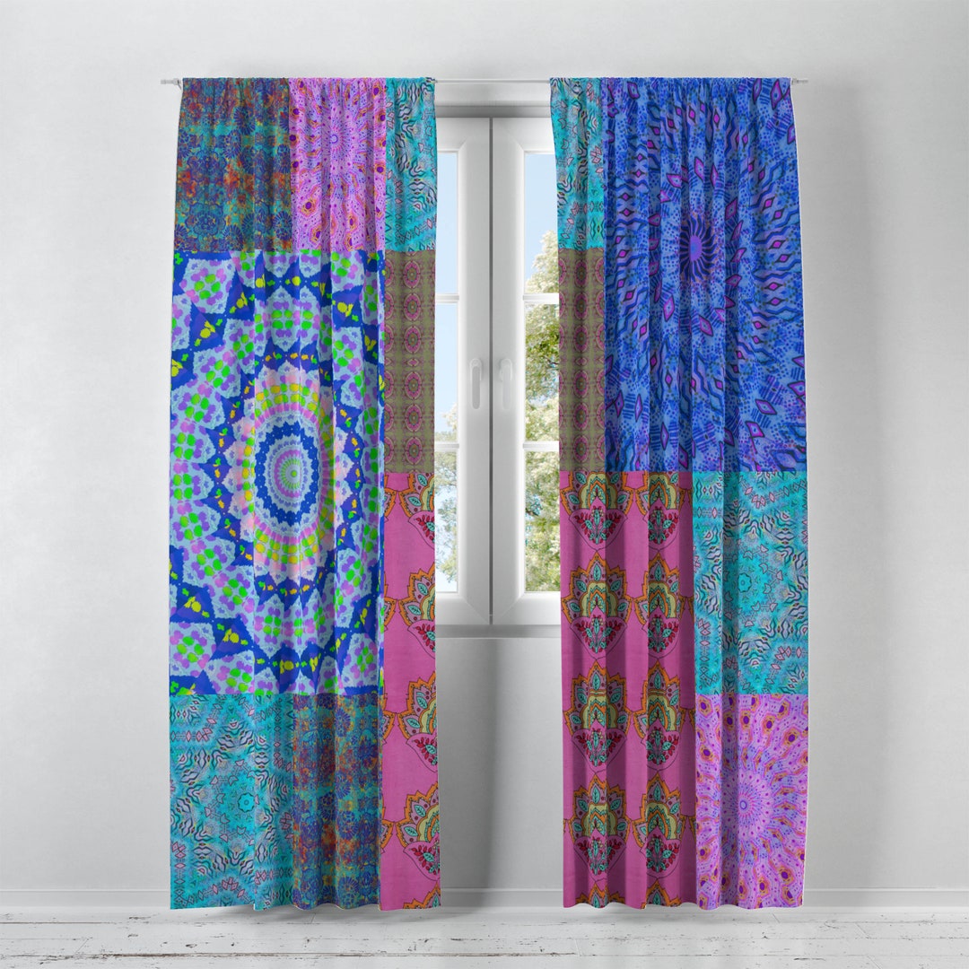 Boho Window Curtains Mandala Medley Faux Patchwork Curtain Panels - Etsy