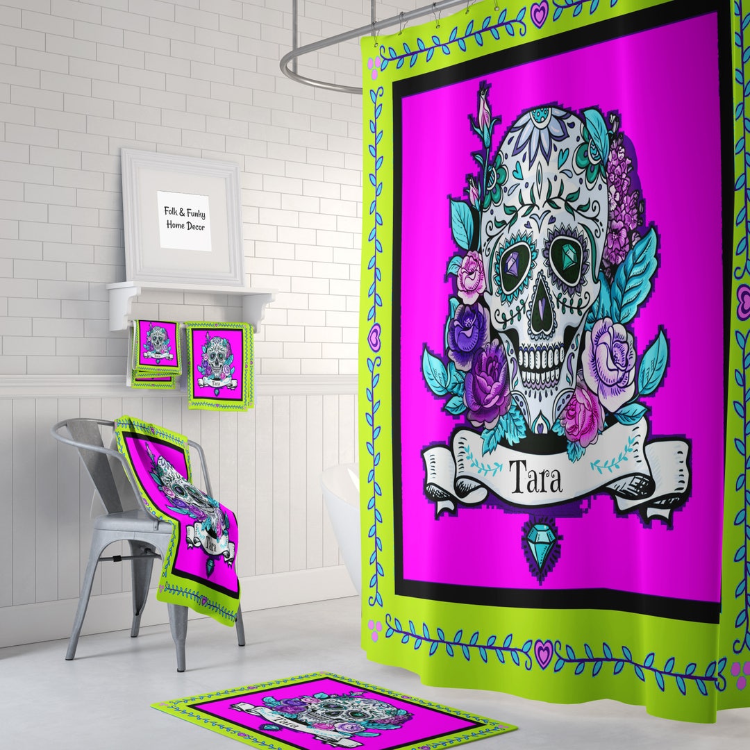 Personalized Shower Curtain Sugar Skulls Optional Bath Mat Bathroom Set
