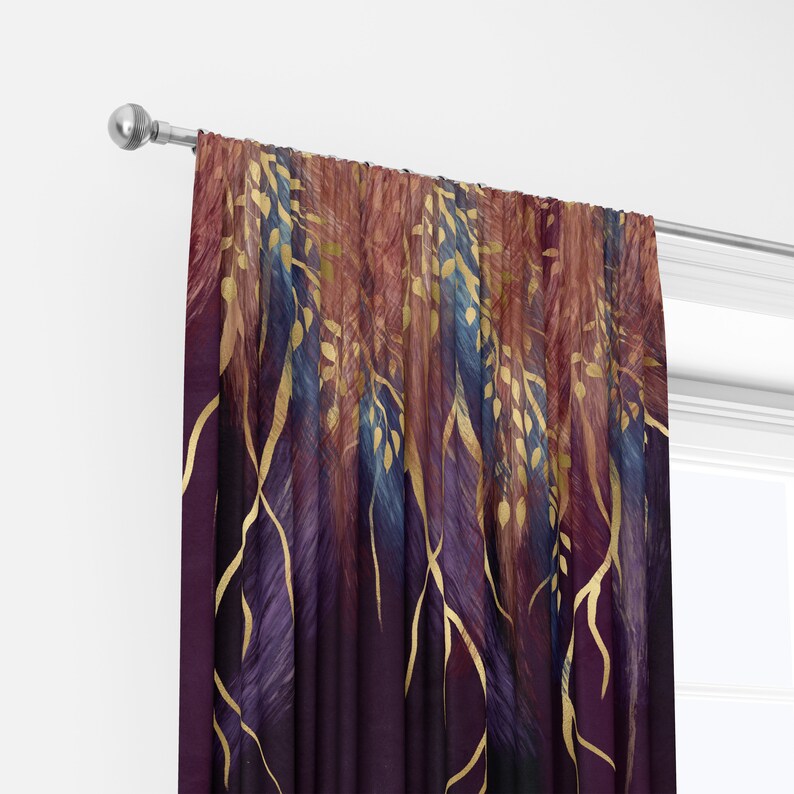 Burgundy Wispy Window Curtains Boho Chic Abstract Botanical Drapes ...