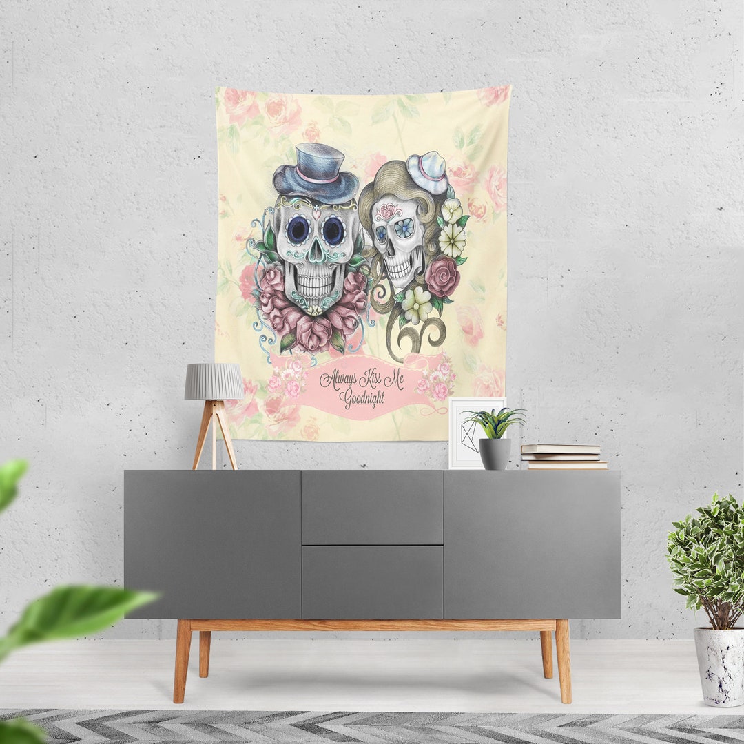 Sugar Skull Wall Tapestry Skeleton Calavera Floral Always Kiss Me ...