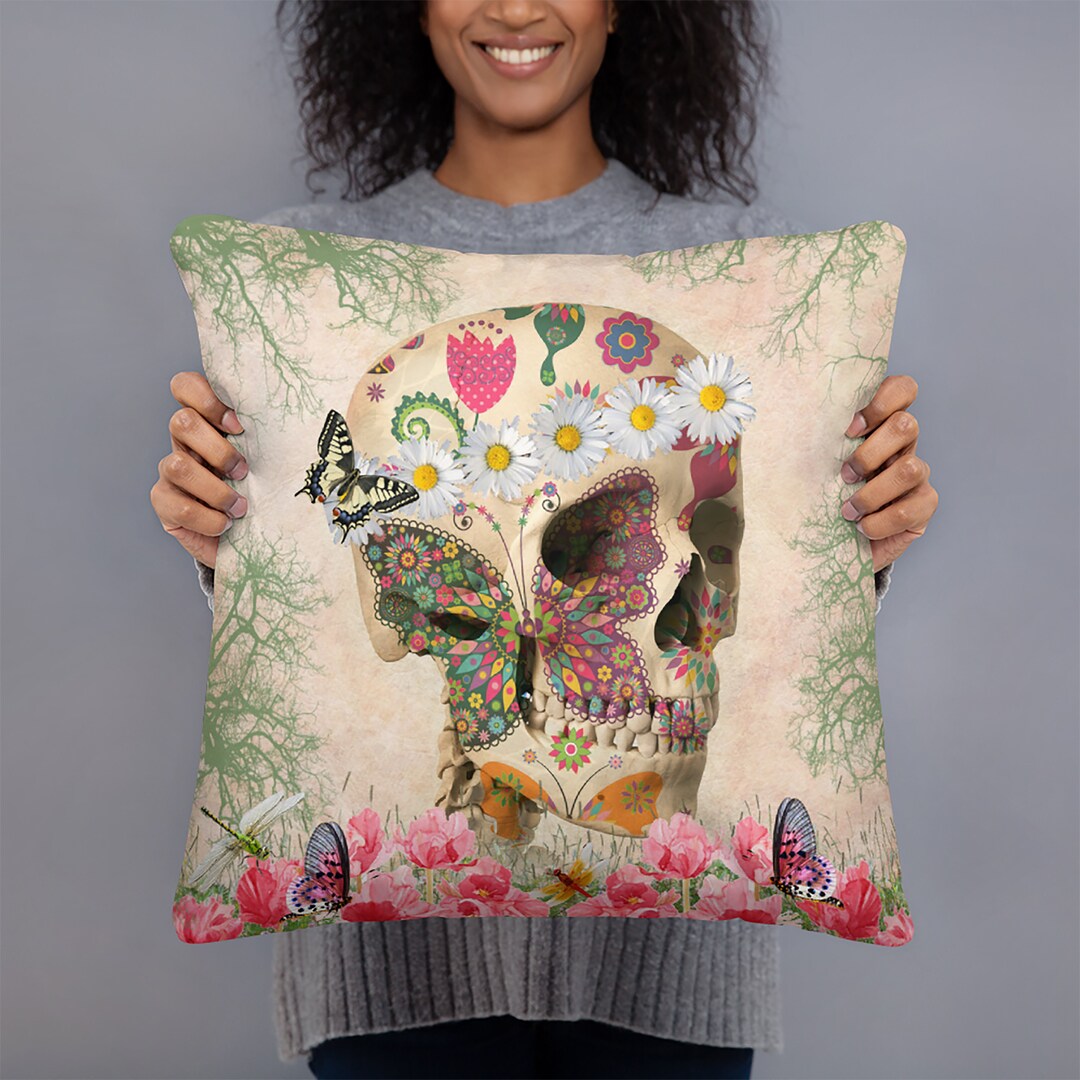Sugar Skull Throw Pillow boho Floral Accent Pillows skulls-day of the ...