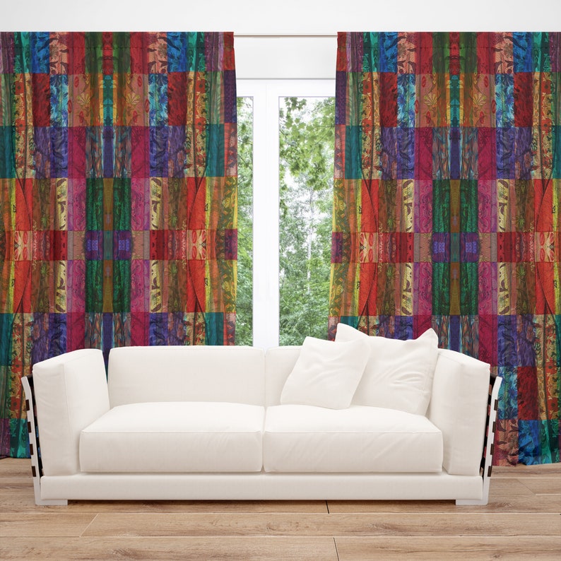 Faux Patchwork Window Curtain Boho Curtain Panels Colorful | Etsy