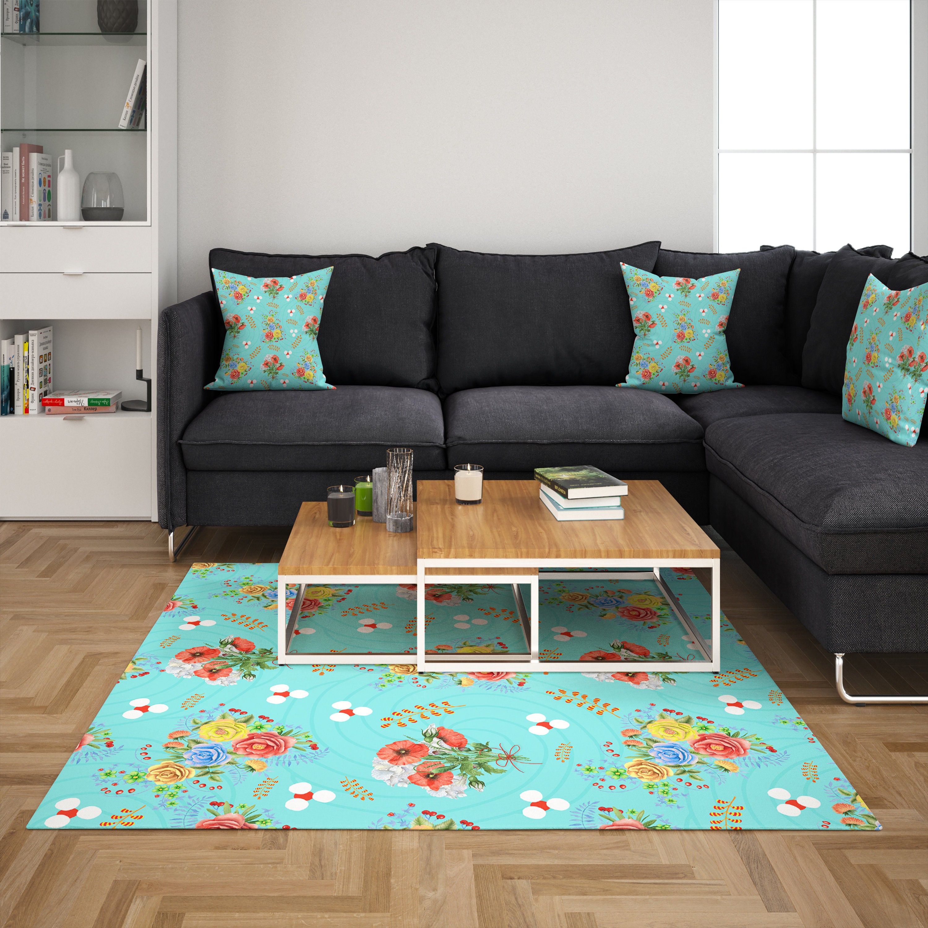 Teal Floral Rug | Etsy