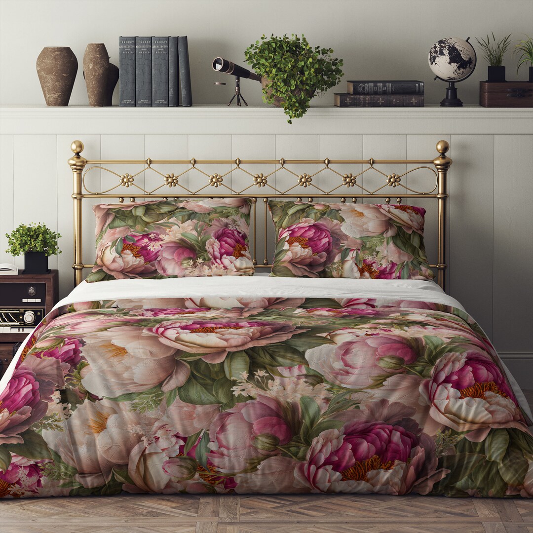 Pink Peony Floral Bedding Set, Reversible Comforter, or Duvet Cover - Etsy