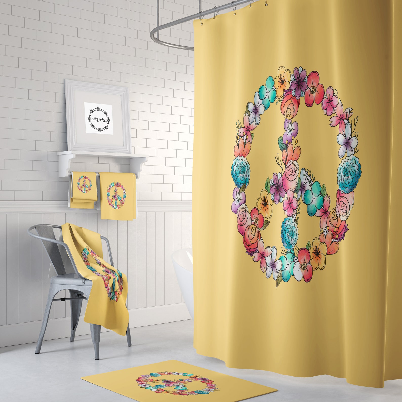 Floral Peace Sign Shower Curtain Optional Bath Mat Bathroom - Etsy