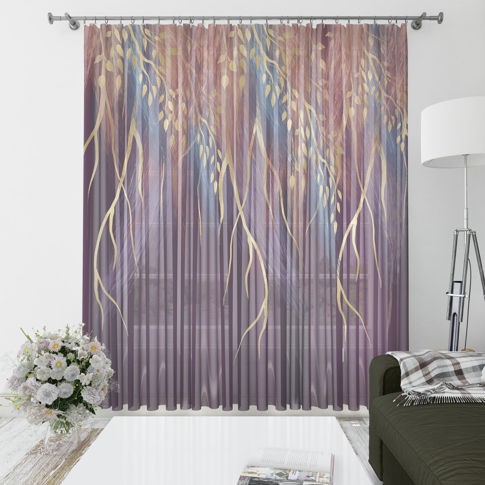 Burgundy Wispy Window Curtains Boho Chic Abstract Botanical Drapes ...