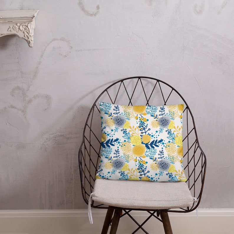 Floral Throw Pillow Blue and Yellow Pillows Accent Pillow | Etsy