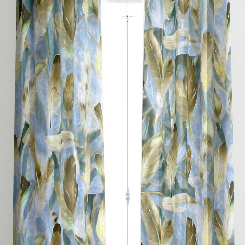 Painted Feather Window Curtains Boho Window Treatments | Etsy