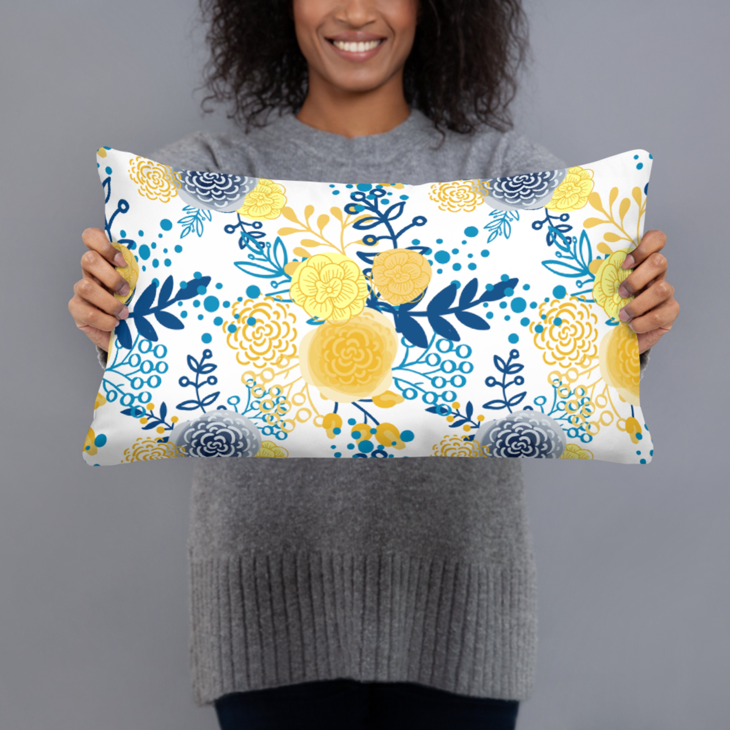 Floral Throw Pillow Blue and Yellow Pillows Accent Pillow | Etsy