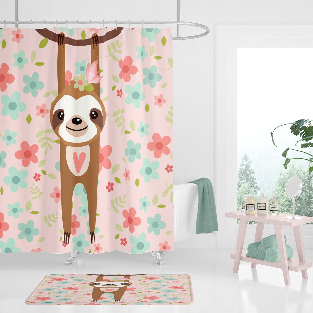 Pink Sloth Shower Curtain, Sloth Bathroom Decor, Floral Shower Curtain ...