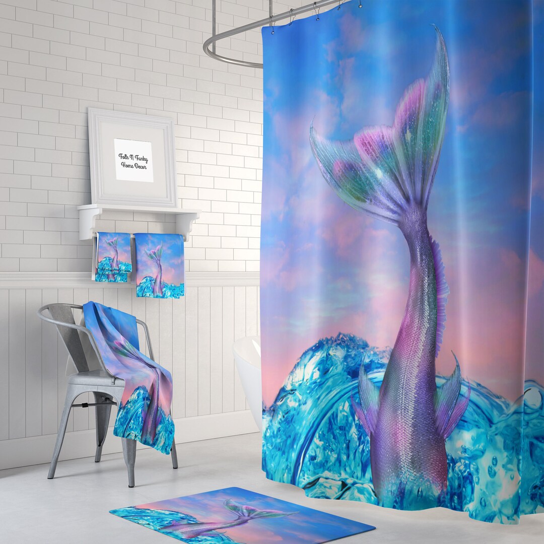 Mermaid Tail Shower Curtain Bath Mat, Towels, Pastel Ocean Sky - Etsy