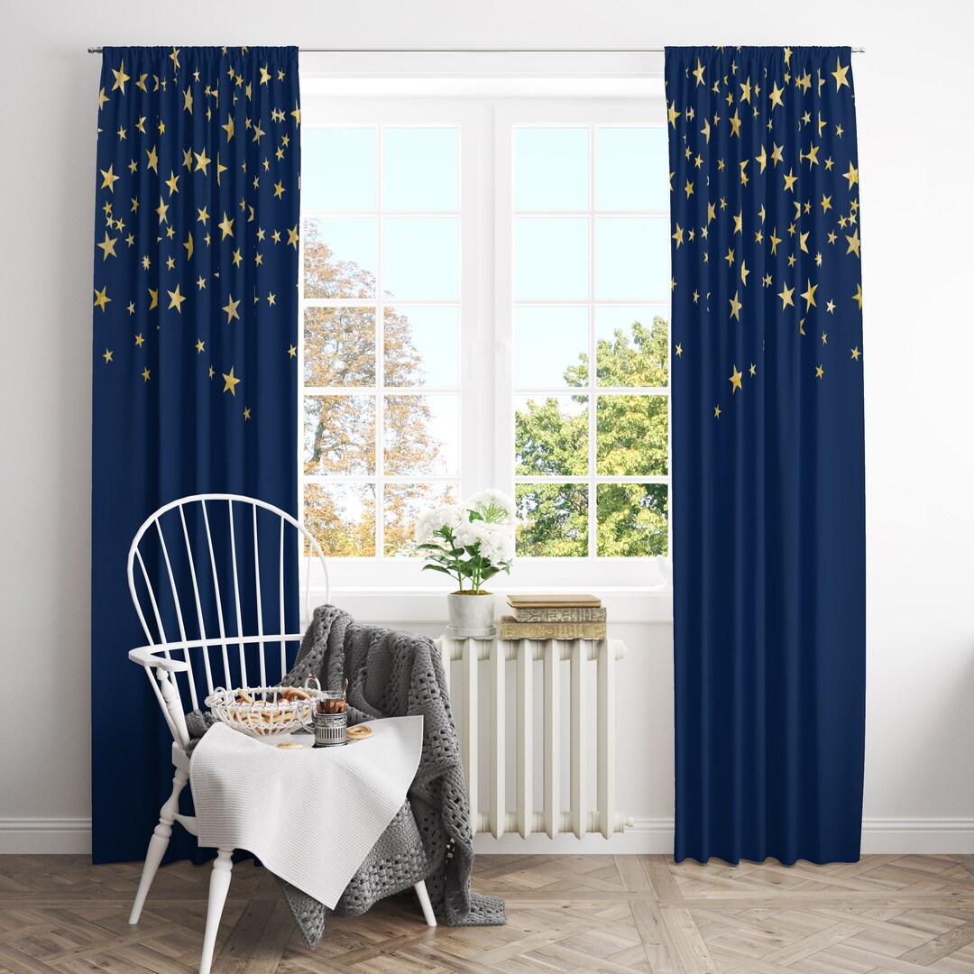 Navy Blue Falling Stars Window Curtains - Etsy