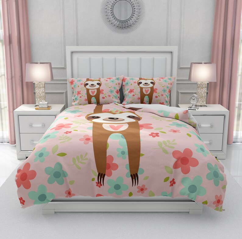 Pink Sloth Bedding Floral Comforter or Duvet Cover Set - Etsy