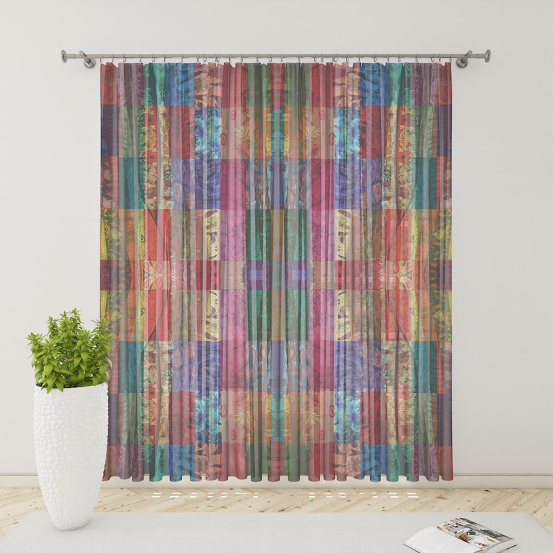 Faux Patchwork Window Curtain Boho Curtain Panels Colorful | Etsy