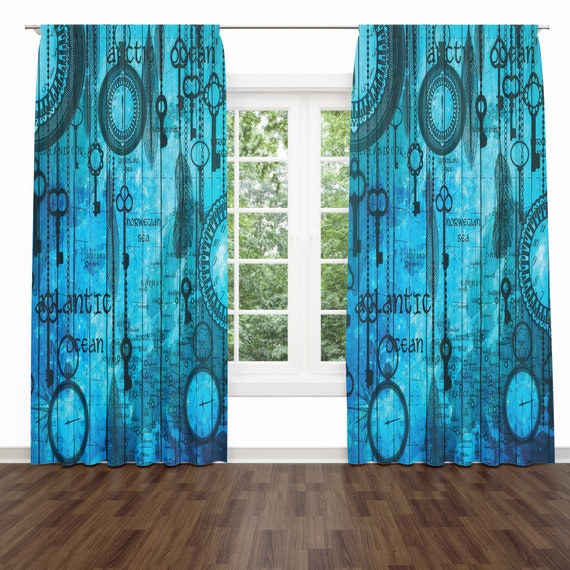 Steampunk Window Curtains Ocean Blue Custom Valances Sheers | Etsy