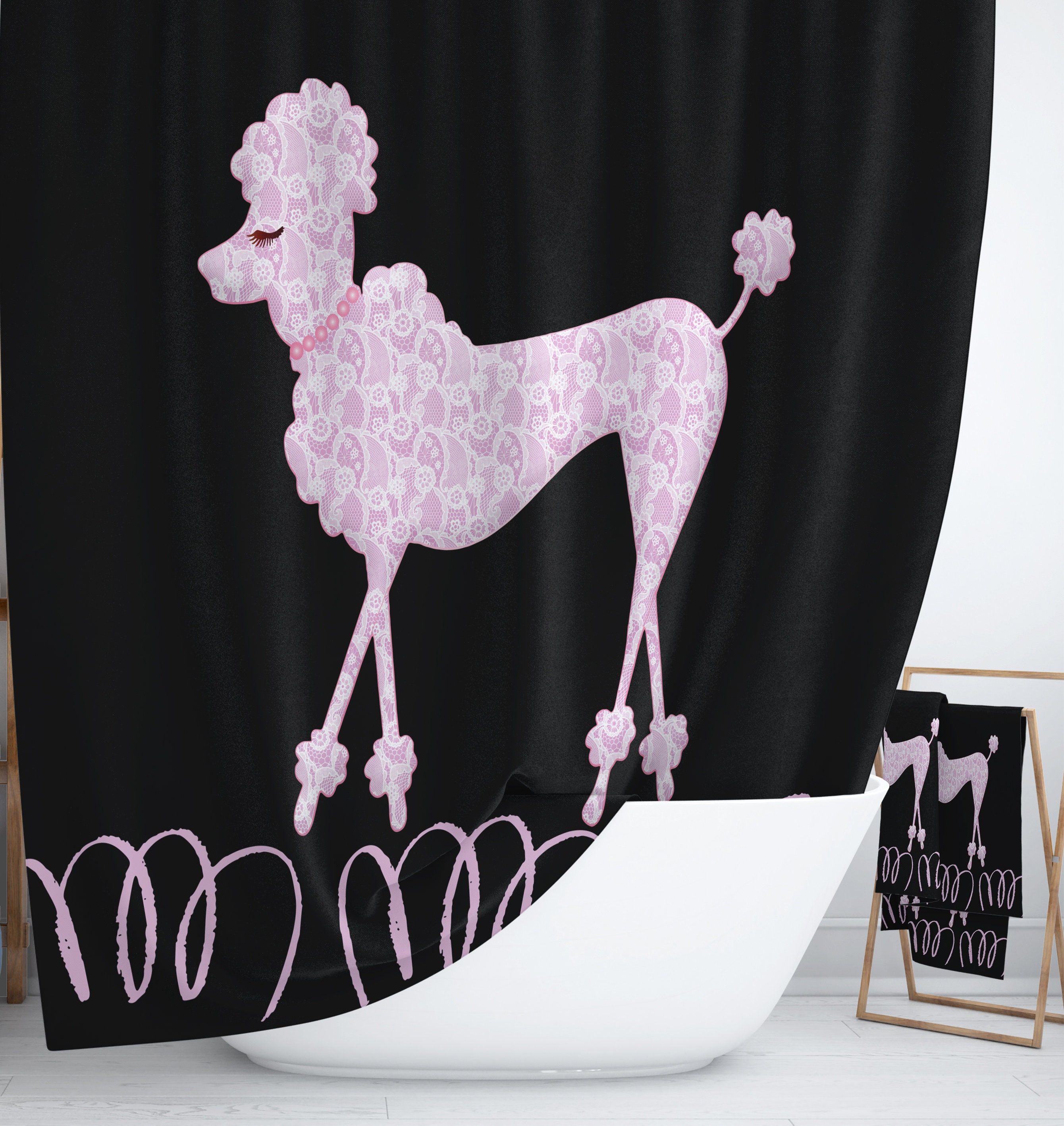 Retro Pink Poodle Shower Curtain, Bath Mat, Towels, Black and White ...