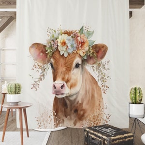 Watercolor Floral Cow Shower Curtain With Set Options - Etsy