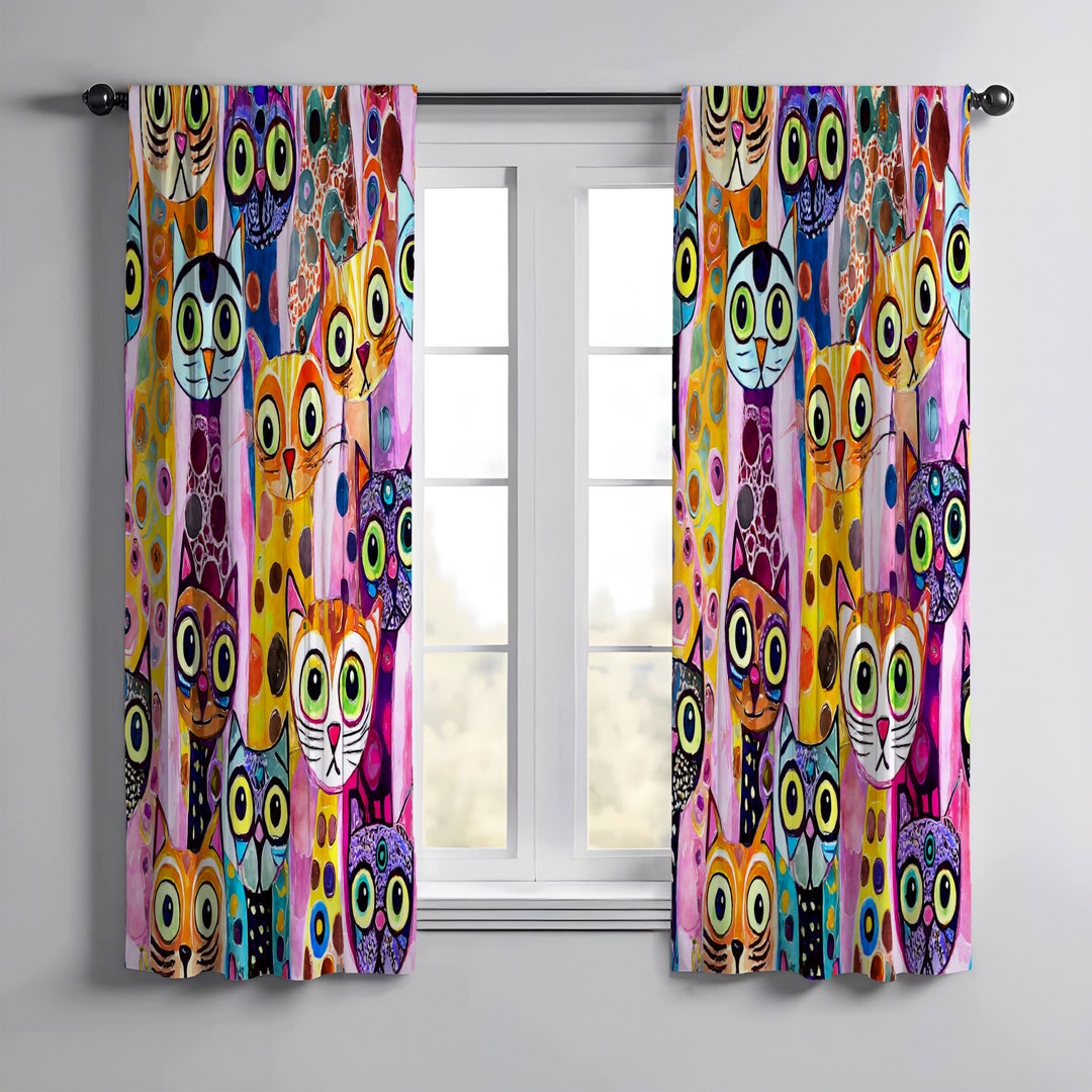 Catty Pink Funky Window Curtains - Etsy
