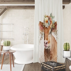 Watercolor Floral Cow Shower Curtain With Set Options - Etsy