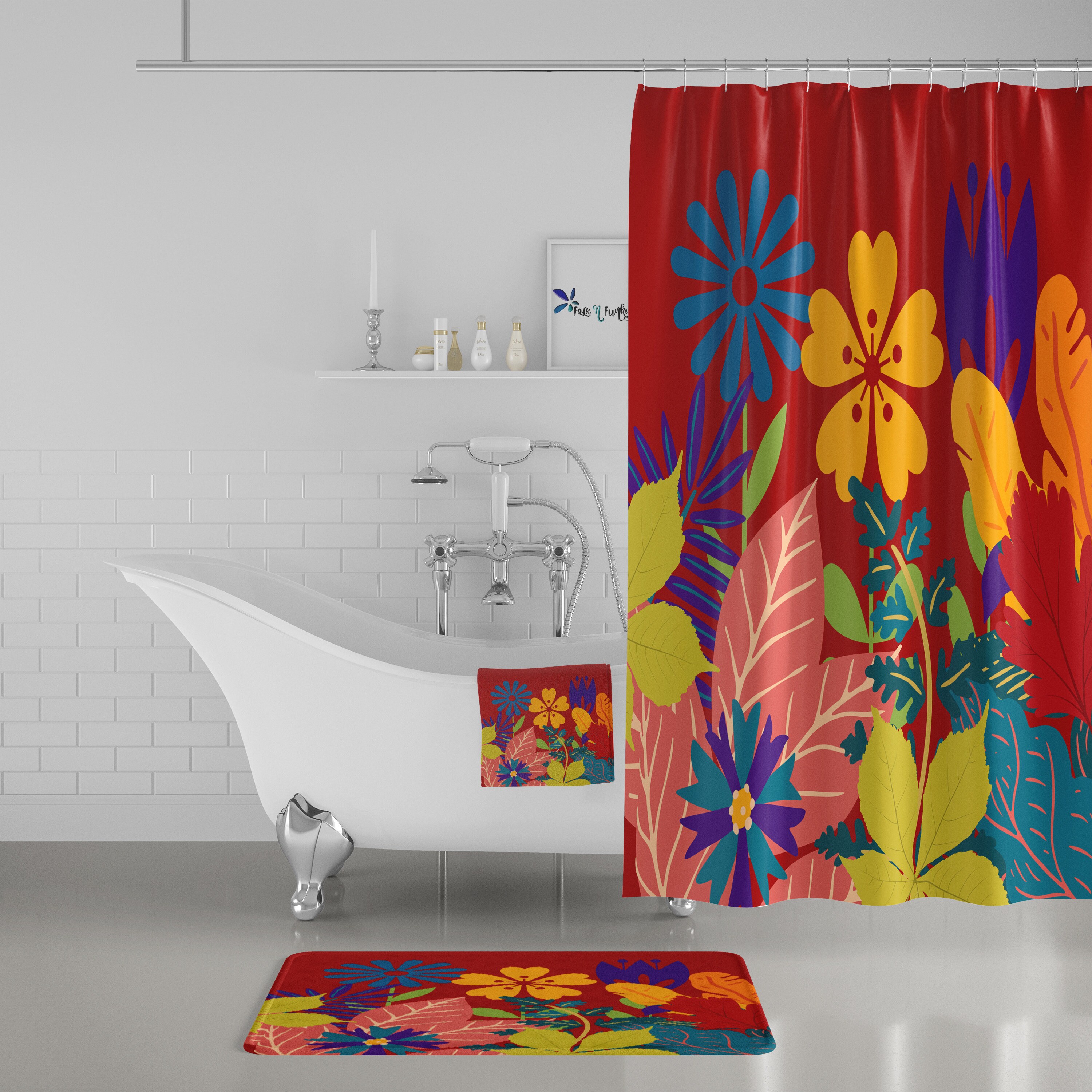 Red Floral Shower Curtain Bold Floral Maximalist Bathroom Etsy