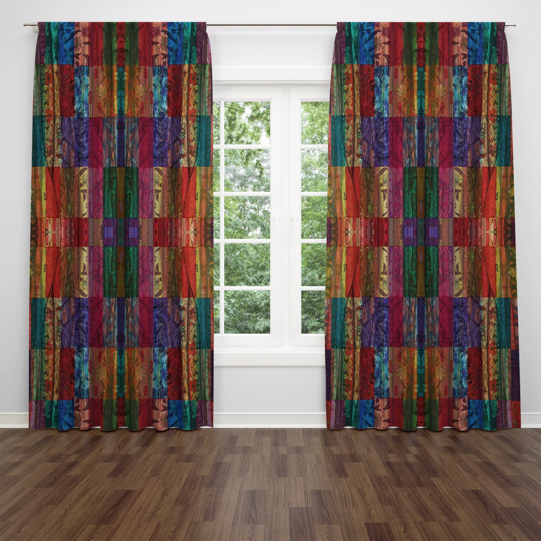 Faux Patchwork Window Curtain, Boho Curtain Panels, Colorful Drapes - Etsy