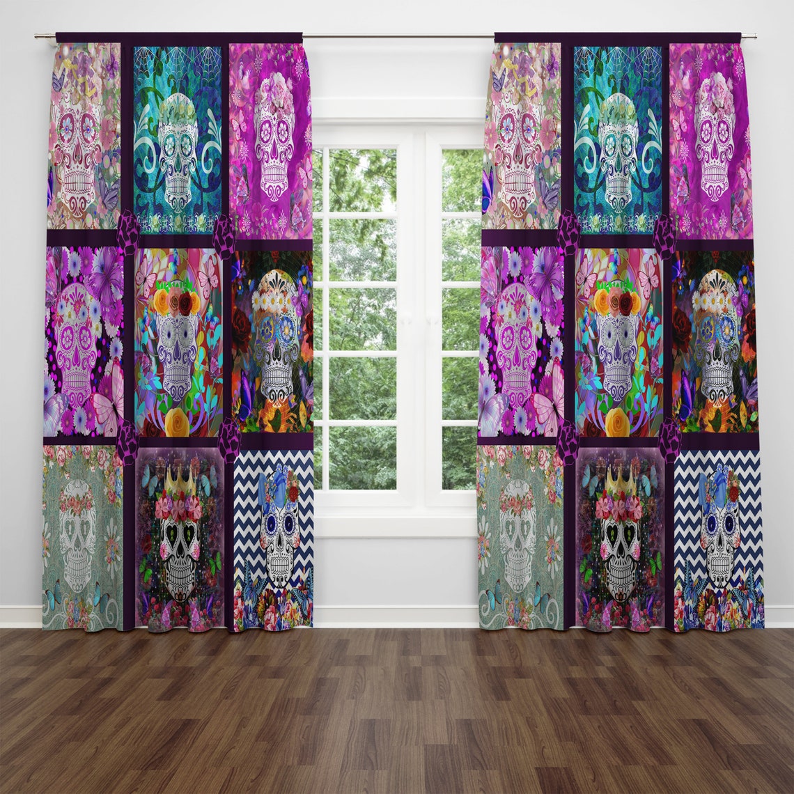 Sugar Skull Window Curtains, Skull Curtain Panels, Patchwork Style Day ...