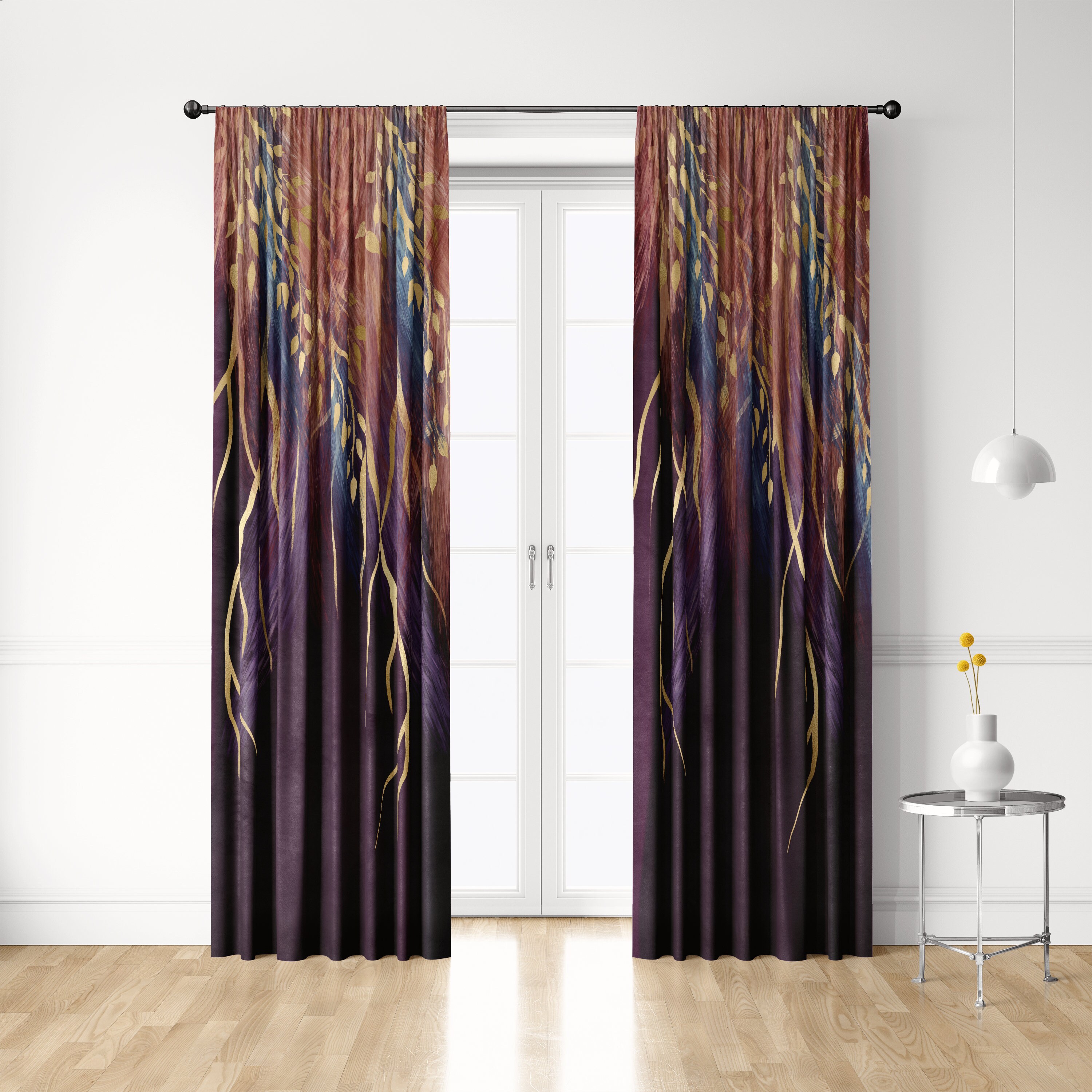 Burgundy Wispy Window Curtains Boho Chic Abstract Botanical Drapes ...