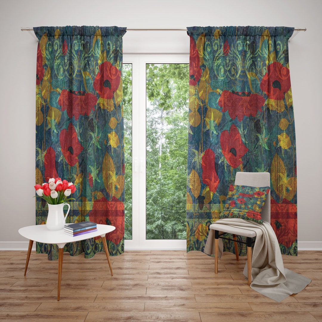 Window Curtains, Bohemain Poppy Abstract , Boho Floral Curtains ...