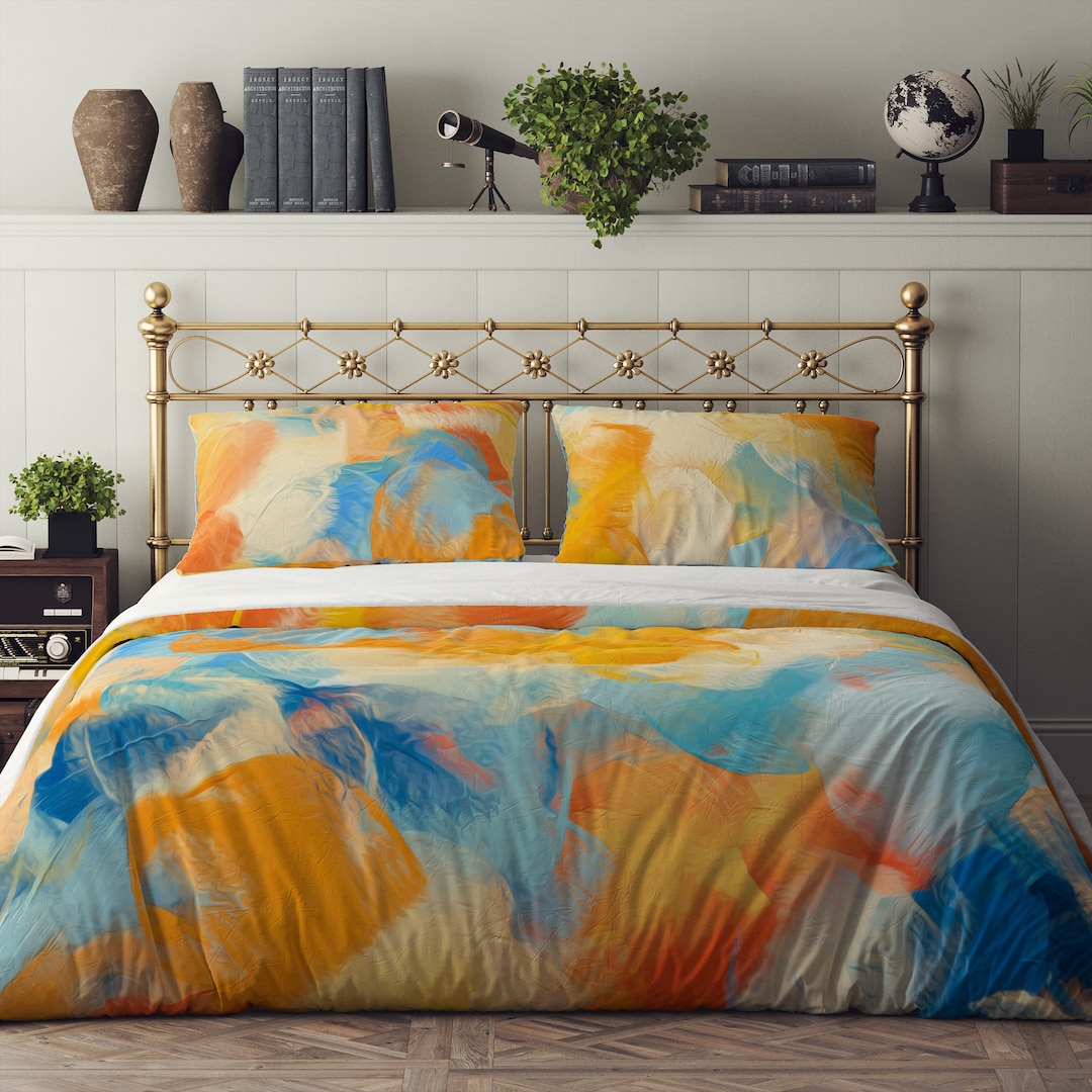 Yellow and Blue Sunny Abstract Bedding Set, Reversible Comforter, or ...