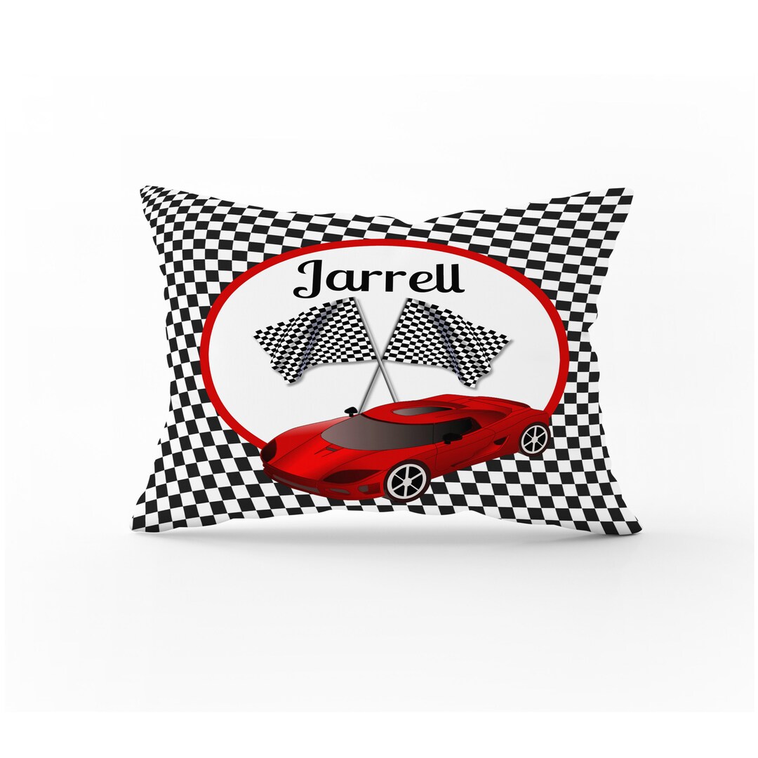 Personalized Red Race Car Checkered Flag Pillow Sham, Racing Pillow ...