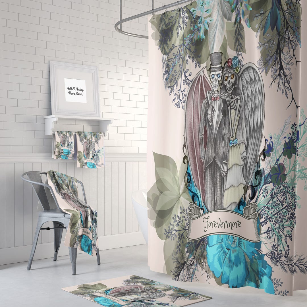 Forevermore Skull Shower Curtain , Sugar Skulls, Day of the Dead, Bath ...