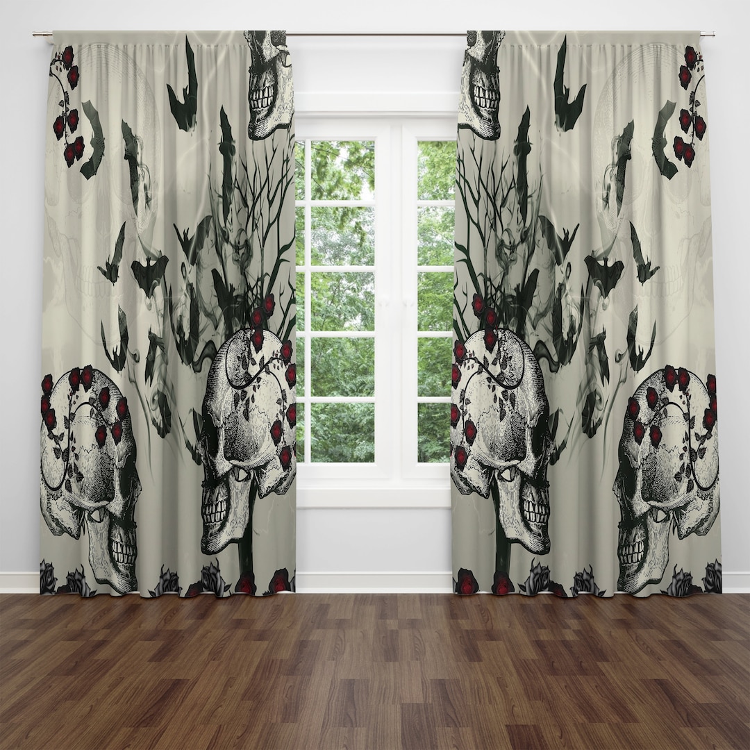 Gothic Skull Window Curtains, Curtain Panels With Bats, Skulls and ...