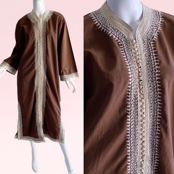 1960s Vintage Moroccan Embroidered Caftan Macrame Kim… - Gem